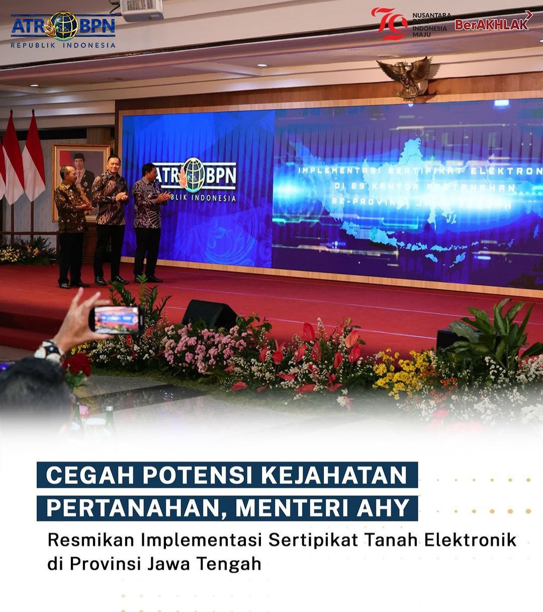 Menteri ATR BPN Resmikan Implementasi Sertifikat Tanah Elektronik pada 29 Kantor Pertanahan ...